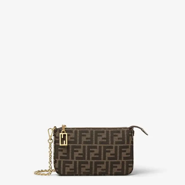 Fendi Tube Pouch Brown Jacquard Ff Fabric Clutch With Chain - [brown]
